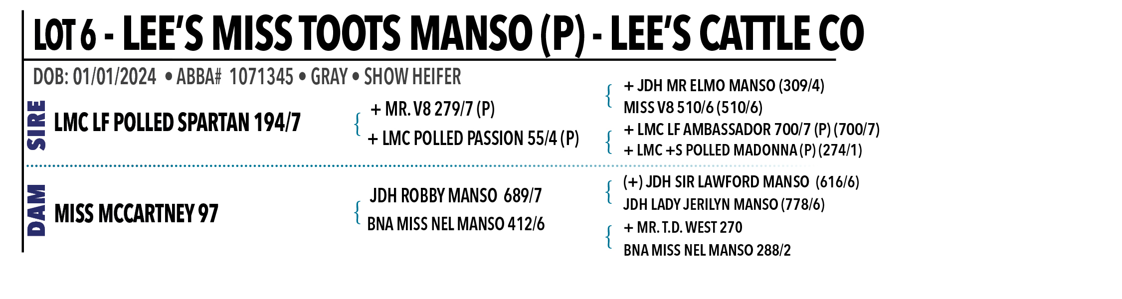 LOT 006 - LEE’S MISS TOOTS MANSO (P)